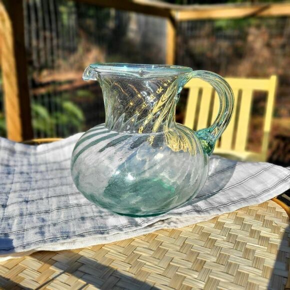 Vintage | Dining | Vintage Handblown Glass Aqua Pitcher | Poshmark